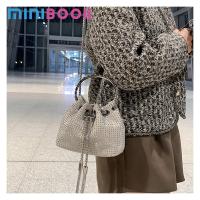 China Women's PU Leather Diamond Bucket Handbag Flap Closure Wedding Dinner Party Bag Single Handle for sale