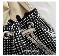 China Women's PU Leather Diamond Bucket Handbag Flap Closure Wedding Dinner Party Bag Single Handle for sale