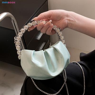 China Custom Logo Women Half Moon Clutch Purse with Chic Pleated Design Diamond Handle 20cm for sale