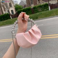 China Custom Logo Women Half Moon Clutch Purse with Chic Pleated Design Diamond Handle 20cm for sale