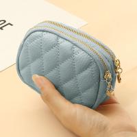 China Genuine Cowhide Leather Double Zipper Keychain Pouch Large Capacity 11.5x8.5x3.5cm for Women for sale