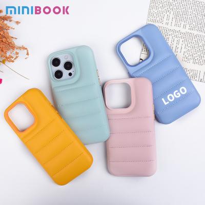 China Candy Color PU Puffer Phone Cover with Holder for iPhone 13 14 15 Pro Max Shockproof for sale