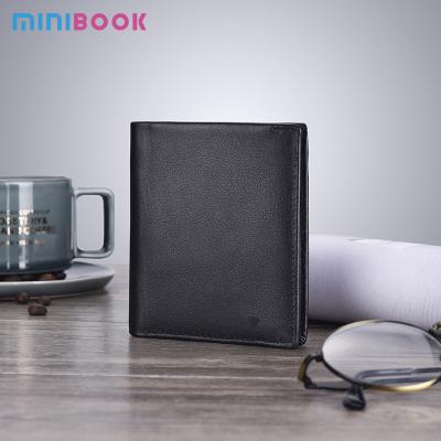 China Custom Logo Men's Short Wallet Thin Minimalist Front Pocket RFID Blocking Genuine Leather 10.5x9cm for sale