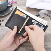 China Custom Logo Men's Short Wallet Thin Minimalist Front Pocket RFID Blocking Genuine Leather 10.5x9cm for sale