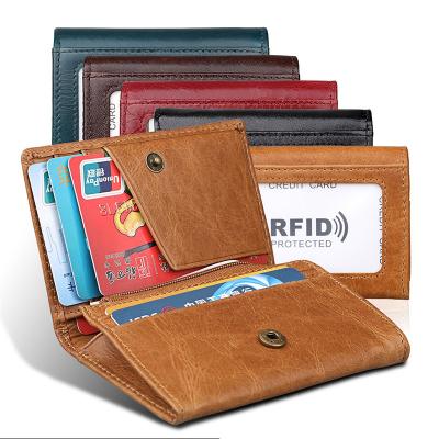 China Custom Logo RFID Blocking Short Bifold Zipper Wallet for Men Cow Leather 10.5cm x 7.5cm for sale