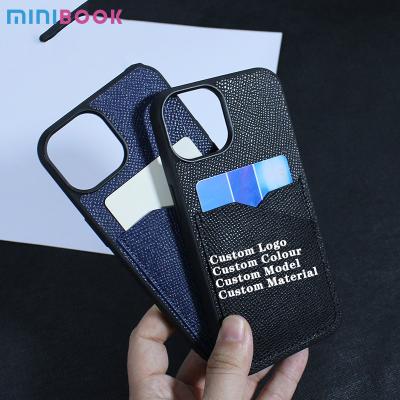 China Minibook Custom Genuine Leather Phone Case with Card Slot Holder for iPhone 13 14 Size 16.5x8.3cm for sale