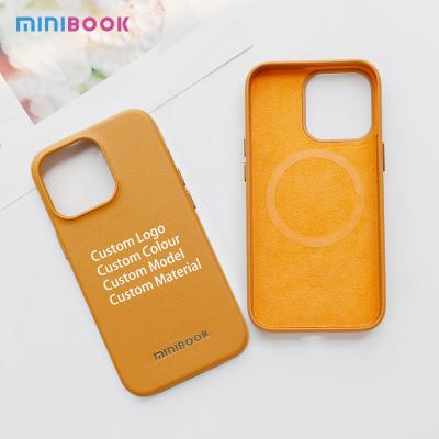 China Custom Embossed Logo Shockproof Wireless Charging Magnetic PU Leather Phone Case for iPhone 13 14 Pro Max 16.5cm for sale