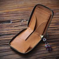 China Men's Genuine Leather Short Wallet Zippered Handcrafted Retro Cowhide Anti-Theft 12x10cm for sale