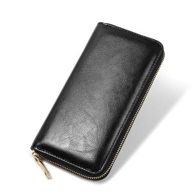 China Genuine Leather Long Wallet for Men Double Zipper Design Large Capacity Nylon Lining 20 Card Slots for sale