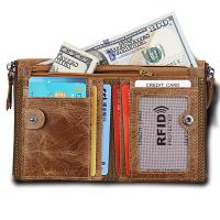 China Genuine Leather RFID Blocking Credit Card Holder Wallet Vintage Double Zipper Men Short Wallet 12.1cm for sale
