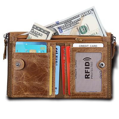 China Genuine Leather RFID Blocking Credit Card Holder Wallet Vintage Double Zipper Men Short Wallet 12.1cm for sale