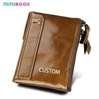 China Genuine Leather RFID Blocking Credit Card Holder Wallet Vintage Double Zipper Men Short Wallet 12.1cm for sale