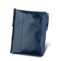 China Genuine Leather RFID Blocking Credit Card Holder Wallet Vintage Double Zipper Men Short Wallet 12.1cm for sale