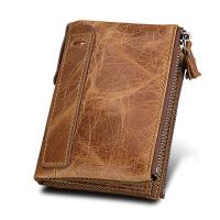 China Genuine Leather RFID Blocking Credit Card Holder Wallet Vintage Double Zipper Men Short Wallet 12.1cm for sale