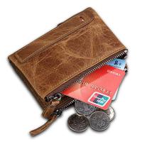 China Genuine Leather RFID Blocking Credit Card Holder Wallet Vintage Double Zipper Men Short Wallet 12.1cm for sale