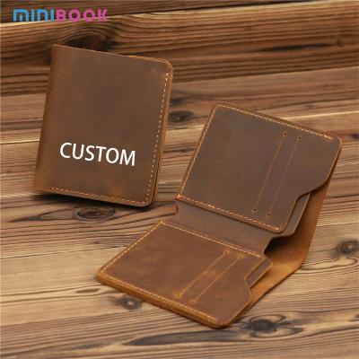 China Custom Handmade Crazy Horse Leather Men's Short Bifold Wallet 11cm x 9.5cm for sale