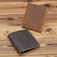 China Custom Handmade Crazy Horse Leather Men's Short Bifold Wallet 11cm x 9.5cm for sale