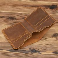 China Custom Handmade Crazy Horse Leather Men's Short Bifold Wallet 11cm x 9.5cm for sale