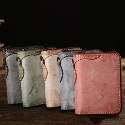 China Japanese Style Hanging Ring Men's Short Wallet Zipper Closure Vegetable Tanned Leather 13cm for sale