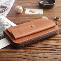 China Retro Cowhide Genuine Leather Men's Wallet Large Capacity 21cm Long Zipper Closure for sale