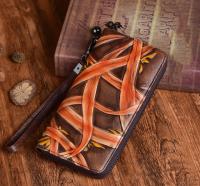 China Vintage Rub Color Vegetable Tanned Leather Zipper Wallet for Women OEM Custom 19.5cm for sale