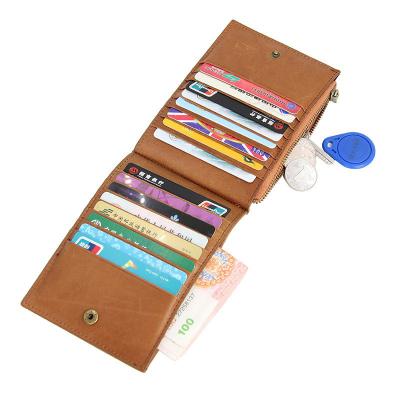 China Sample Nylon Lining Material RFID Blocking Genuine Leather Card Holder Folding Wallet for sale