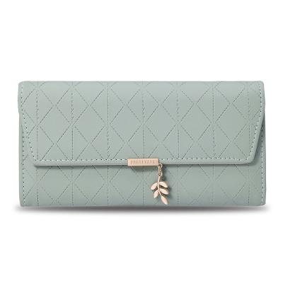 China Long Plaid Leaf Pendant Women's Tri-Fold PU Wallet Large Capacity 19.5cm Custom Logo for sale