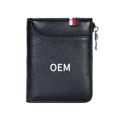 China Genuine Leather Short Wallet for Men with Card Holder Zipper Purse 12cm x 9.5cm for sale