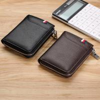 China Genuine Leather Short Wallet for Men with Card Holder Zipper Purse 12cm x 9.5cm for sale