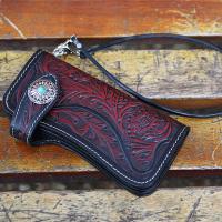 China Custom Logo Embossed Genuine Leather Biker Wallet Chain for Men 19cm 0.45kg for sale