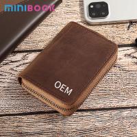 China Custom Logo Men's Crazy Horse Leather Credit Card Holder Zipper Wallet 11x8.5cm for sale