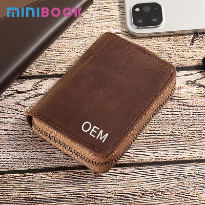 China Custom Logo Men's Crazy Horse Leather Credit Card Holder Zipper Wallet 11x8.5cm for sale