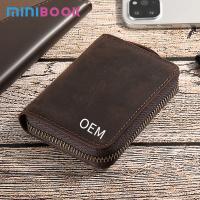 China Custom Logo Men's Crazy Horse Leather Credit Card Holder Zipper Wallet 11x8.5cm for sale