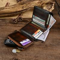 China Men's Genuine Leather Wallet with Nylon Lining Vintage Cowhide Money Clip Short Wallet 12cm x 10cm for sale
