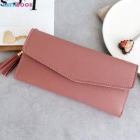 China Solid Colors PU Leather Women Wallets Luxury Long Hasp Fold-over Pattern Coin Purses for sale