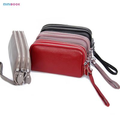 China Genuine Leather Long Wallet Minibook Ladies Three-Layer Mobile Phone Bag 17.5cm for sale