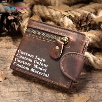 China Custom Logo Genuine Leather Short Men's Wallet with Zipper Closure 12x2x9.5cm for sale