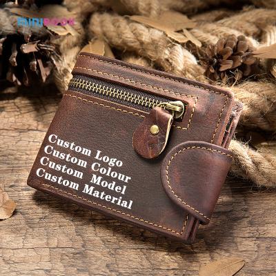 China Custom Logo Genuine Leather Short Men's Wallet with Zipper Closure 12x2x9.5cm for sale
