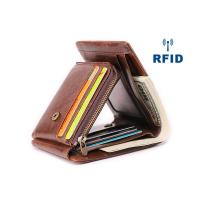 China Men's Genuine Leather Trifold RFID Blocking Zipper Coin Card Purse 8 Card Slots for sale