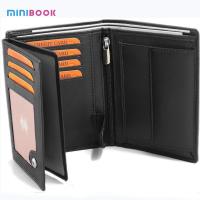 China Men's Trifold Genuine Leather Wallet with Zipper Coin Pocket Waterproof Black for sale