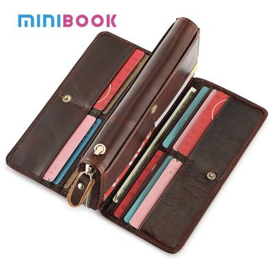 China Retro Oil Wax Genuine Leather Men Wallet with Multi-Card Slots and Zipper Closure 20cm for sale