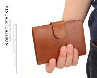 China Genuine Oil Wax Leather Trifold Wallet with Snap Closure and 2 ID Windows 8 Card Slots for sale