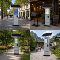 China 27 Inch Solar Powered Outdoor Freestanding Payment Kiosk Waterproof Off Grid Touch Screen Self Service Ordering Booking Kiosk Stand for Beach Park Resort Outdoor Food Service for sale