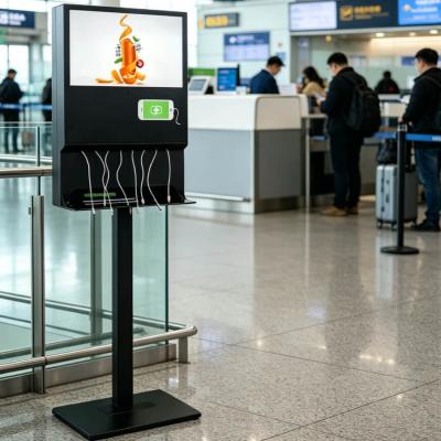 China 21.5 Inch Floor Standing Touch Phone Charging Kiosk LCD Advertising Display Remote CMS Free Public Mobile Charging Station For Mall Airport Hotel Restaurant for sale