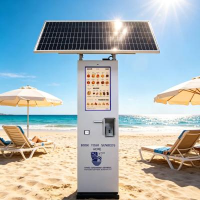 China 27 Inch Solar Powered Outdoor Freestanding Payment Kiosk Waterproof Off Grid Touch Screen Self Service Ordering Booking Kiosk Stand for Beach Park Resort Outdoor Food Service for sale