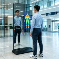 China 43 Inch Floor Stand Mirror Glass Touch Screen Kiosk Integrated Thermal Camera Human Body Temperature Detection Smart Fitness Mirror Digital Signage for sale
