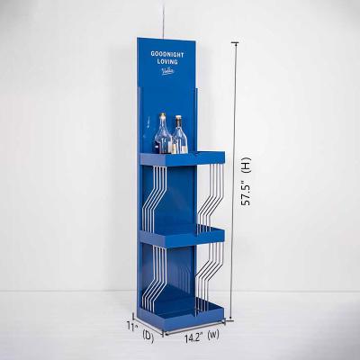 China Metal iron steel wine liquor whisky bottle 3 layers blue retail floorstanding display rack for sale