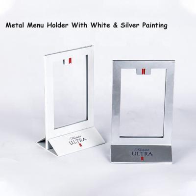 China Desktop Stainless Steel Bar Display Stand Metal Table Menu Sign Holder For Restaurant And Shops for sale