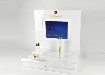 China Customized White With LCD Screen Acrylic Cosmetic Makeup Advertising Display Stand for sale