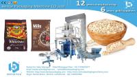 China Cereal oatmeal packaging machine with automatic weigher and double sides labeling BSTV-450AZ for sale